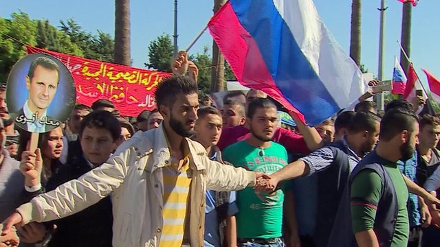 Syrians take to the streets to praise Russian military support - BBC News