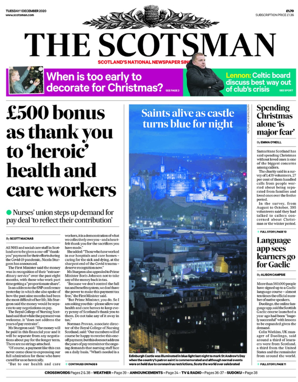 Scotland's papers: 'Christmas gift' for NHS and social care workers ...