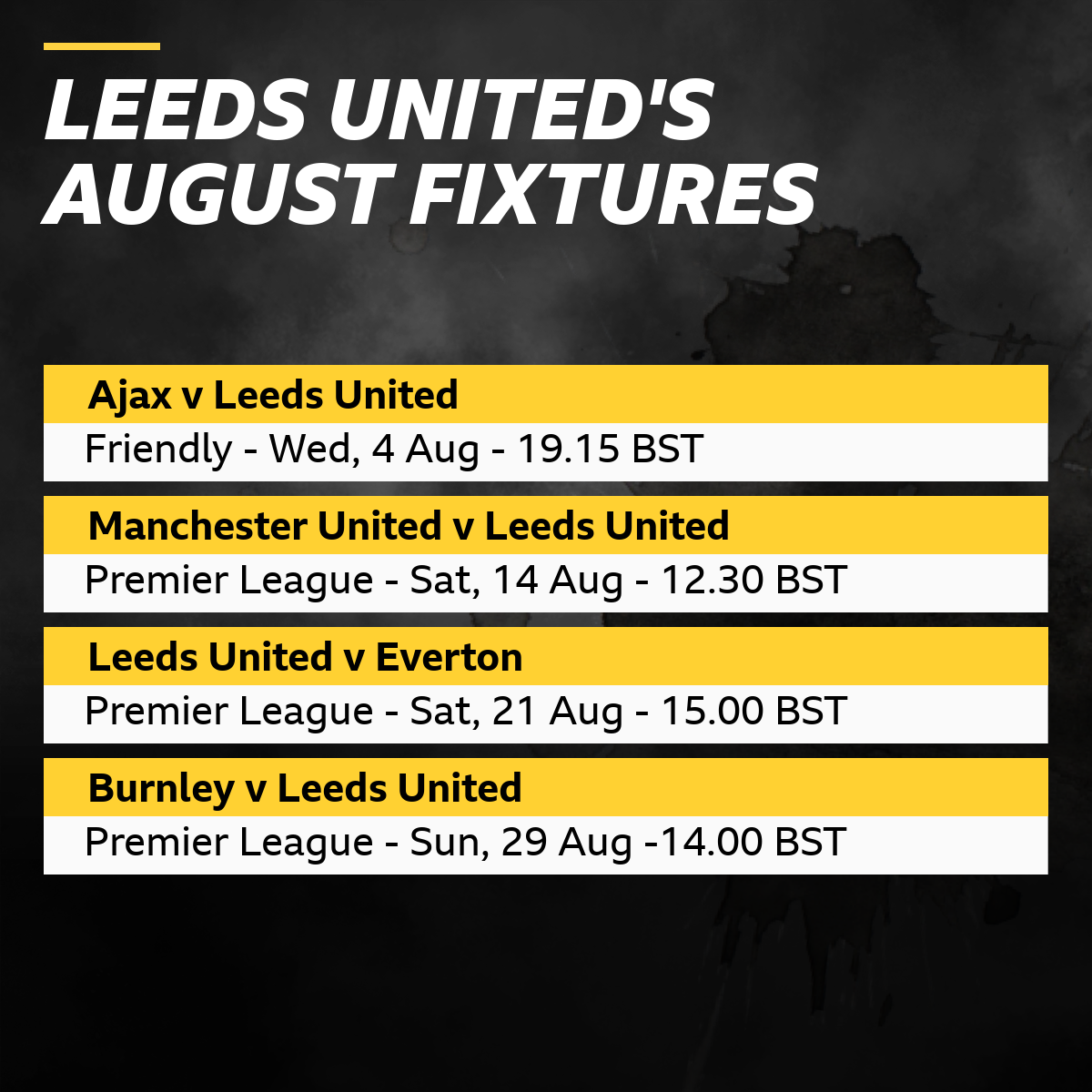 Leeds United s August fixtures BBC Sport